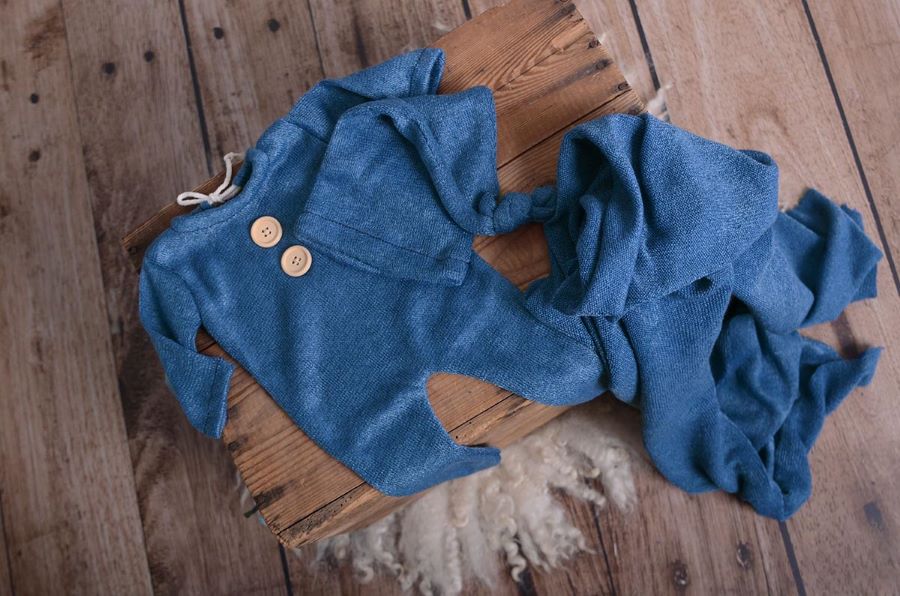 Blue stitch pyjamas, hat, and wrap set