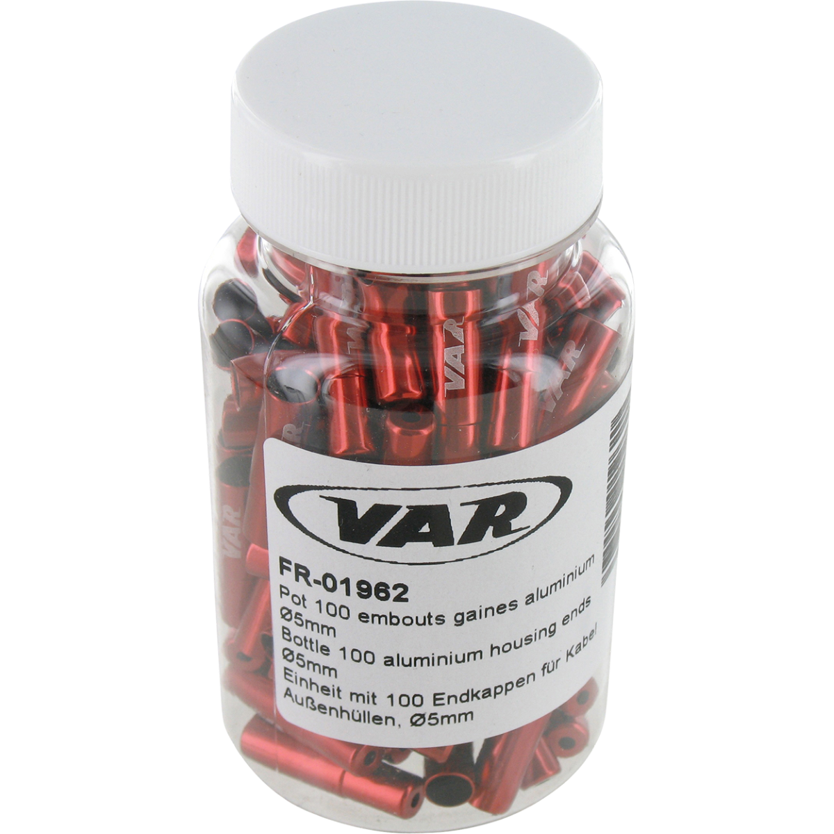 Bottle 100 cable housing ferrules 5 mm - red