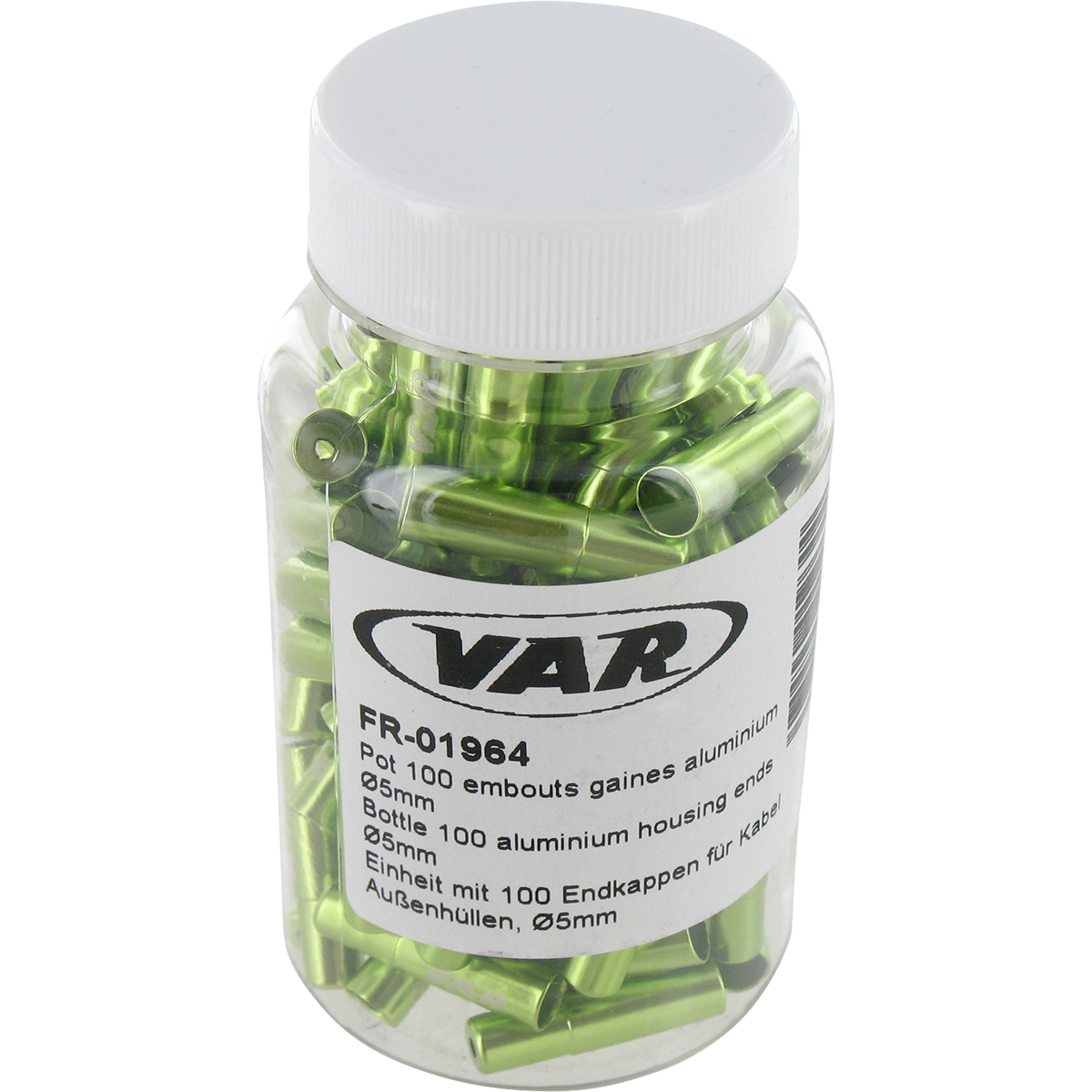 Bottle 100 cable housing ferrules 5 mm - green