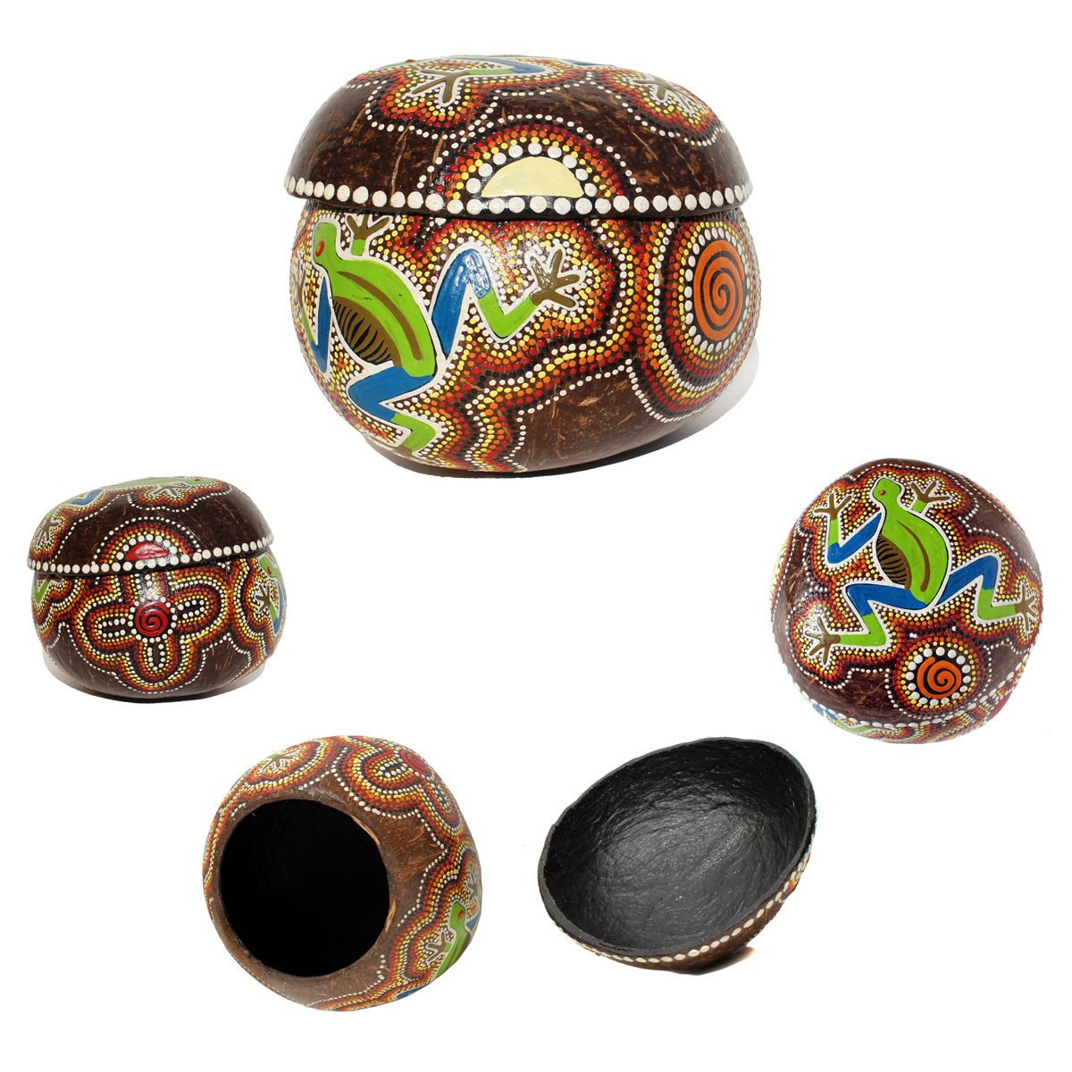 Boite avec couvercle en noix de coco - Artisanat décor peint motif ...