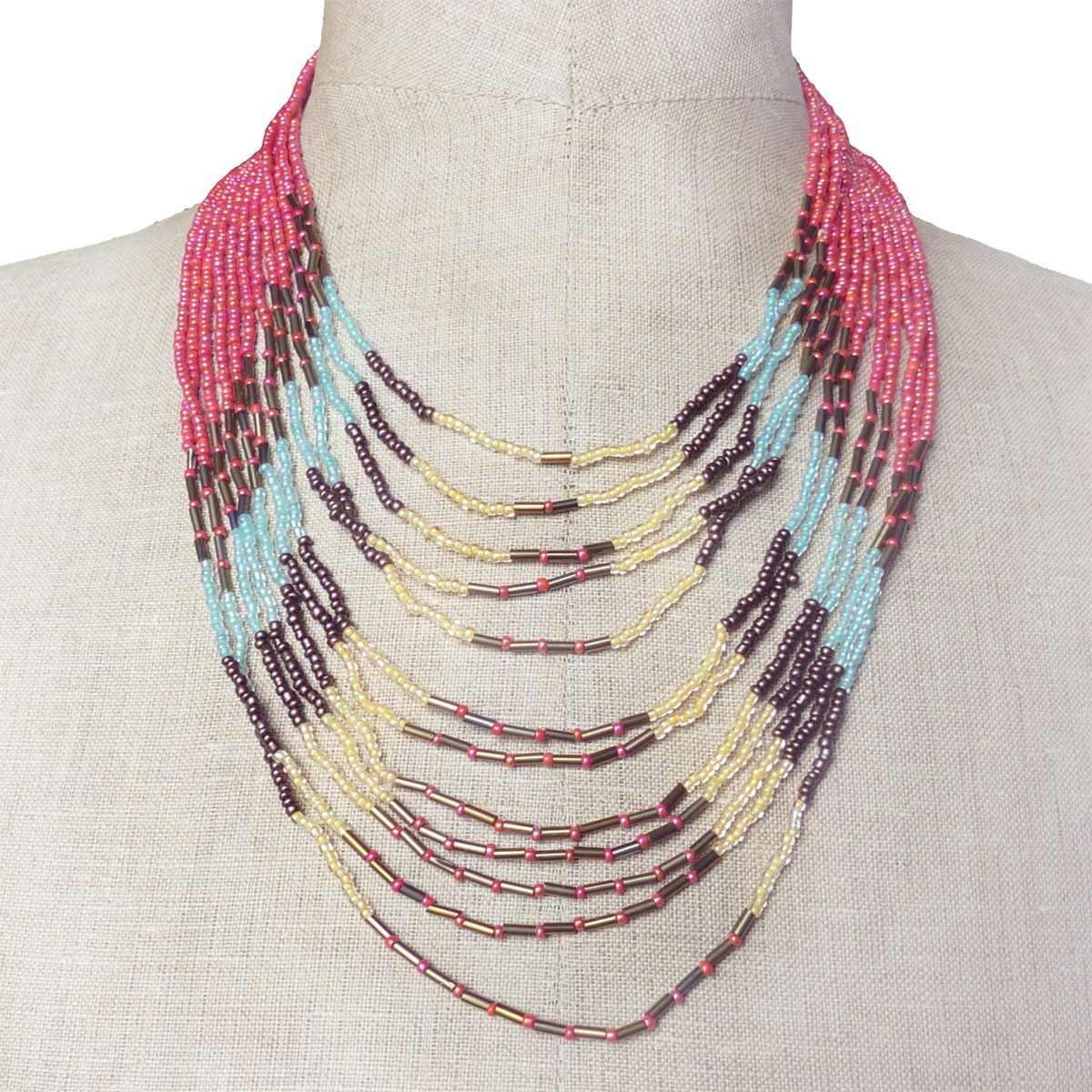 Collier artisanal rangs en perles de rocailles style ethnique Rouge ...